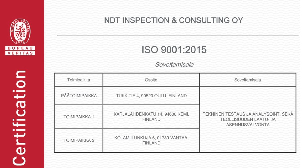 Certified quality service ISO 9001 – NDT Inspection & Consulting Oy